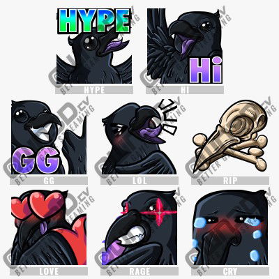 Animated CROW - Black Twitch Sub Emote | Twitch Sub Emotes - 8 Pack - OWN3D