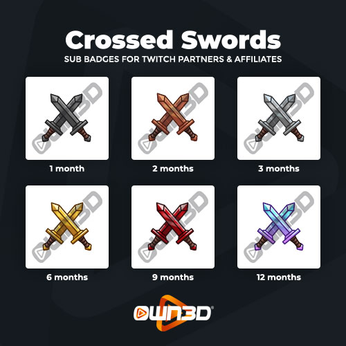 Crossed Swords Twitch Sub Badges - 6 Pack - OWN3D