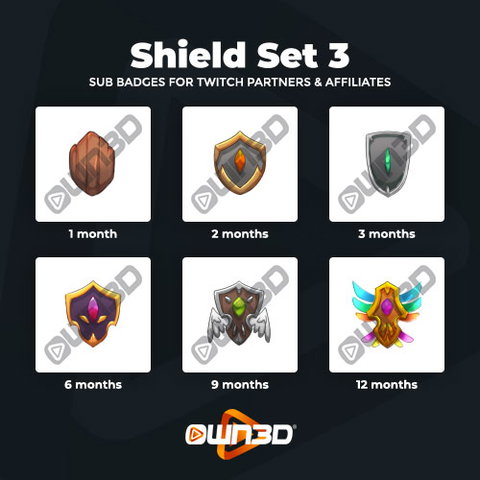 Shield Set 3 Twitch Sub Badges - 6 Pack - OWN3D